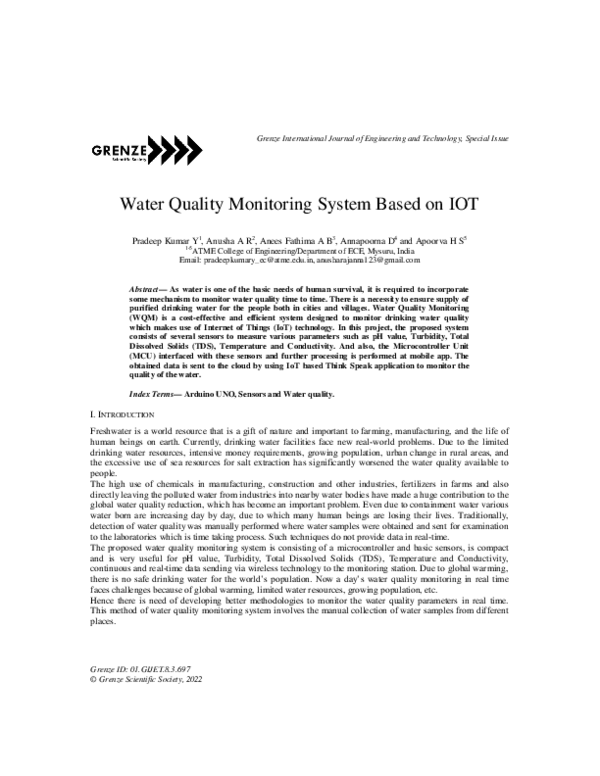 Pdf Water Quality Monitoring System Based On Iot Grenze