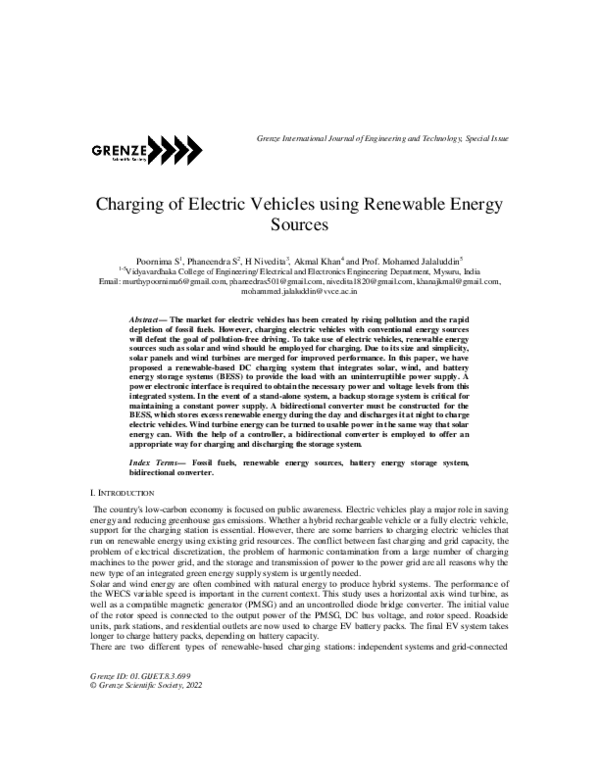 Pdf Charging Of Electric Vehicles Using Renewable Energy Sources
