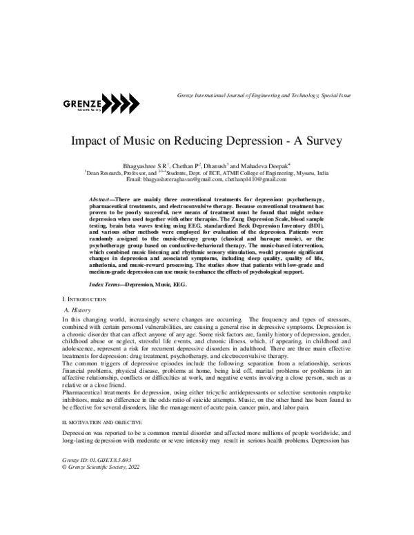 (PDF) Impact of Music on Reducing Depression -A Survey