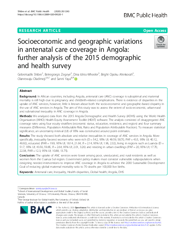 (PDF) Socioeconomic and geographic variations in antenatal care coverage in Angola: further ...
