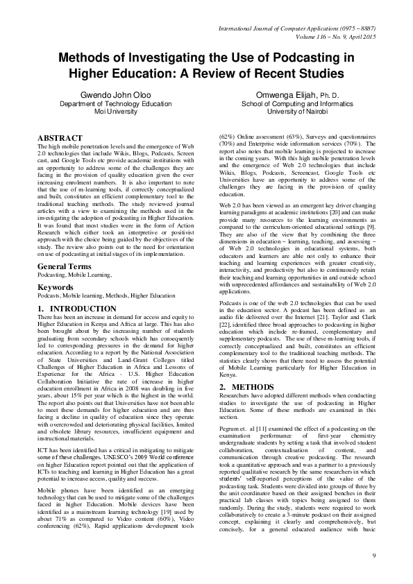 (PDF) Methods of Investigating the Use of Podcasting in Higher ...