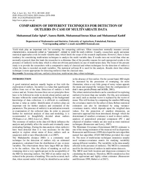 (PDF) Comparison of Different Techniques for Detection of Outliers in Case of Multivariate Data