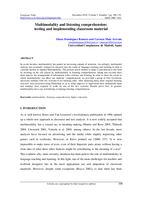Pdf Multimodality And Listening Comprehension Testing And Implementing Classroom Material
