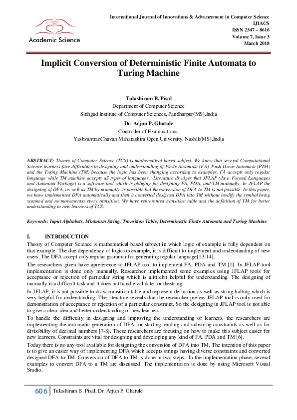 (PDF) Implicit Conversion of Deterministic Finite Automata to Turing Machine