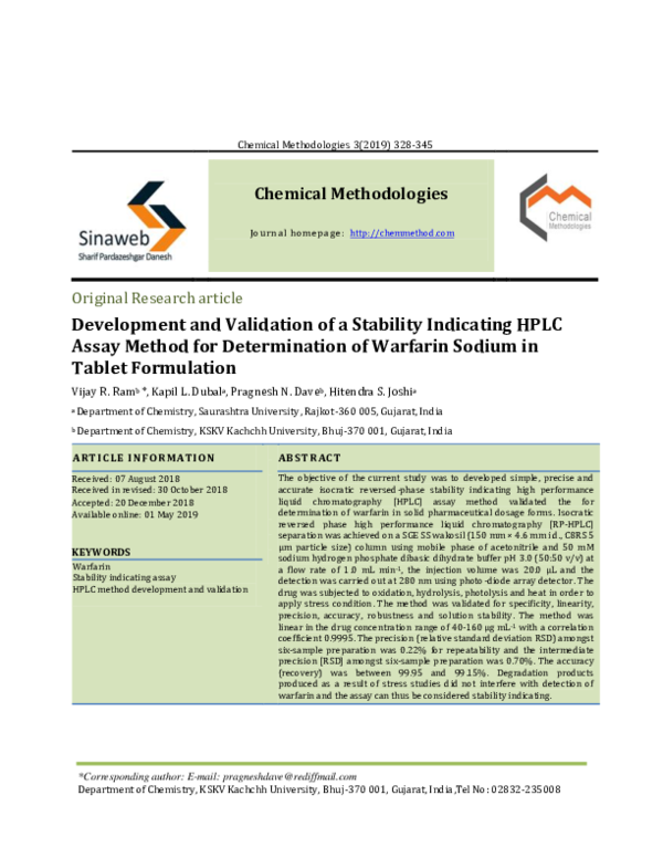 (PDF) Development and Validation of a Stability Indicating HPLC Assay Method for Determination ...