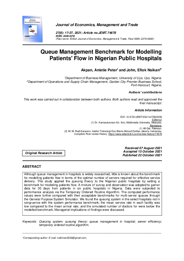 (PDF) Queue Management Benchmark for Modelling Patients' Flow in Nigerian Public Hospitals