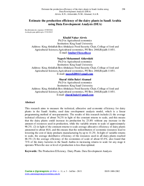 (PDF) Estimate the production efficiency of the dairy plants in Saudi Arabia using Data ...