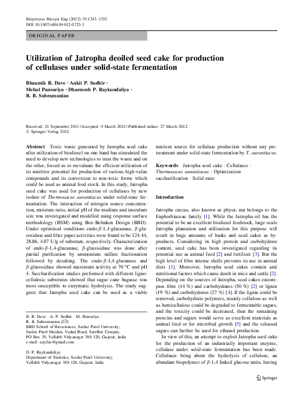 (PDF) Utilization of Jatropha deoiled seed cake for production of ...