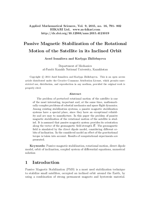 (PDF) Passive magnetic stabilization of the rotational motion of the ...