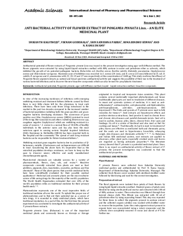 (PDF) Anti bacterial activity of flower extract of Pongamia pinnata ...