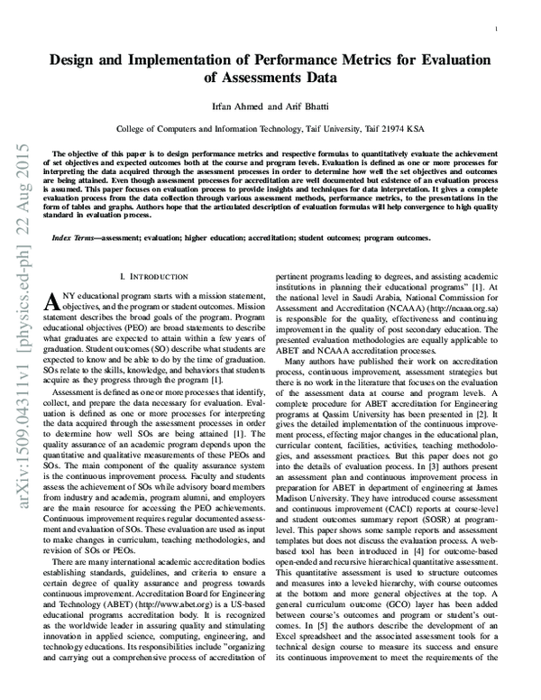 Pdf Design And Implementation Of Performance Metrics For Evaluation Of Assessments Data