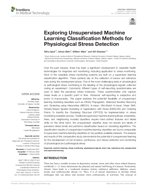 (PDF) Exploring Unsupervised Machine Learning Classification Methods for Physiological Stress ...