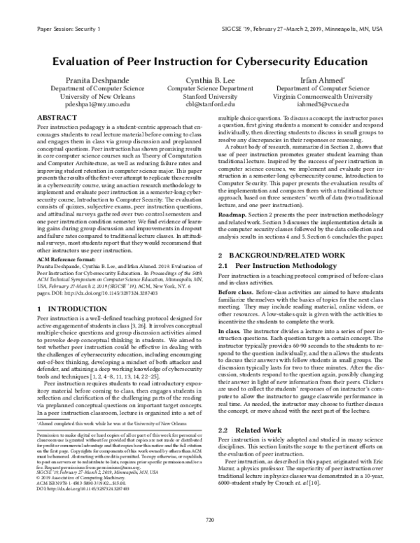 Evaluation of Peer Instruction for Cybersecurity Education