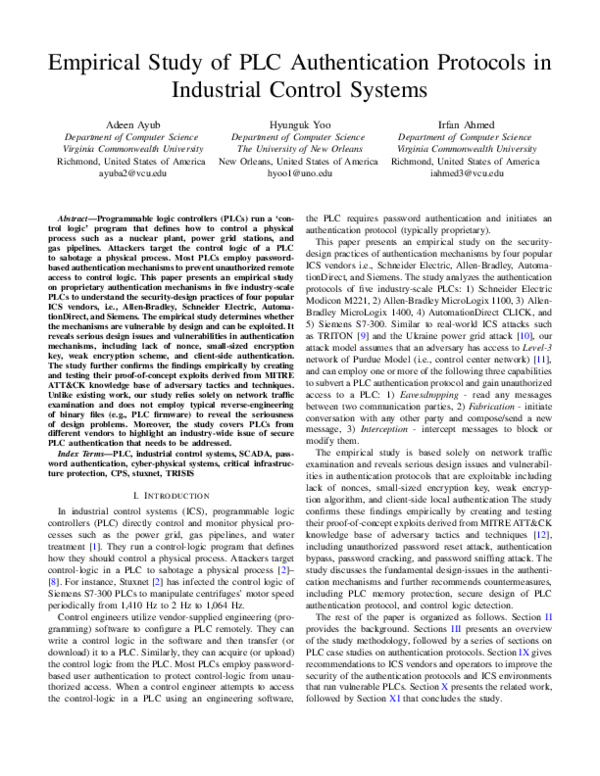 (PDF) Empirical Study of PLC Authentication Protocols in Industrial ...