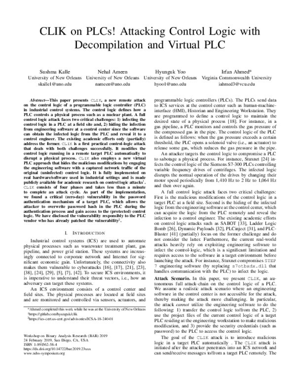 (PDF) CLIK on PLCs! Attacking Control Logic with Decompilation and Virtual PLC