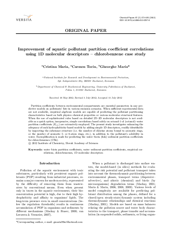 (PDF) Improvement of aquatic pollutant partition coefficient ...