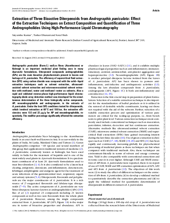 Pdf Extraction Of Three Bioactive Diterpenoids From Andrographis Paniculata Effect Of The