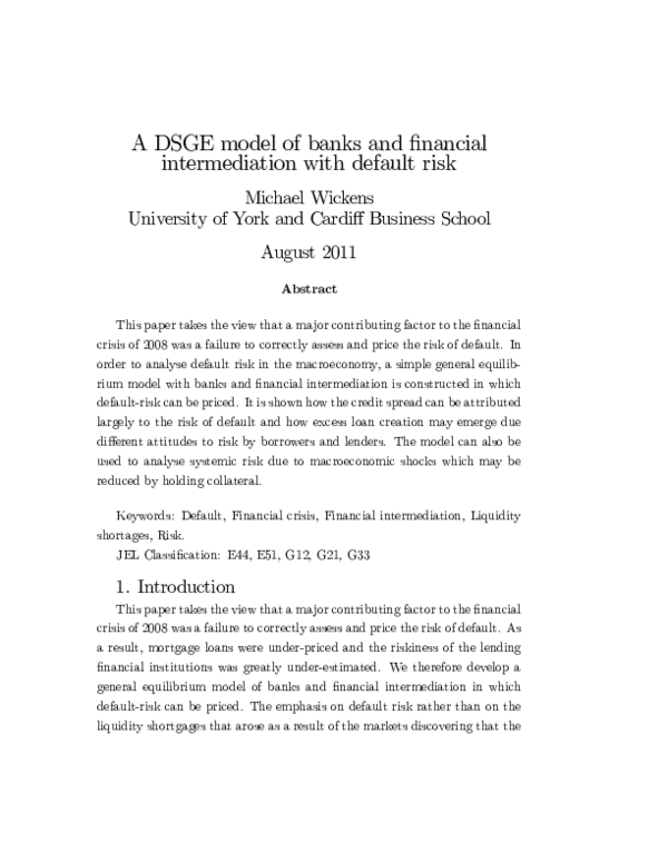 (PDF) A DSGE model of banks and financial intermediation with default risk