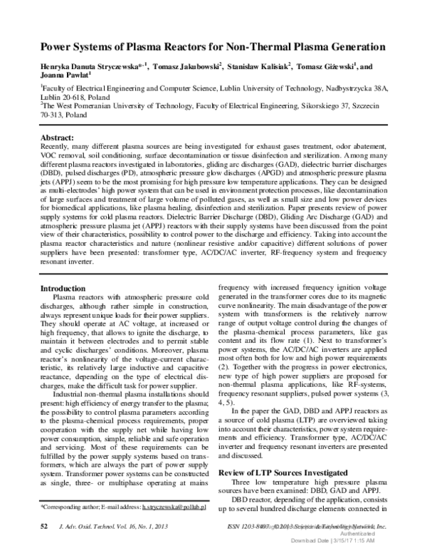 (PDF) Power Systems of Plasma Reactors for Non-Thermal Plasma Generation