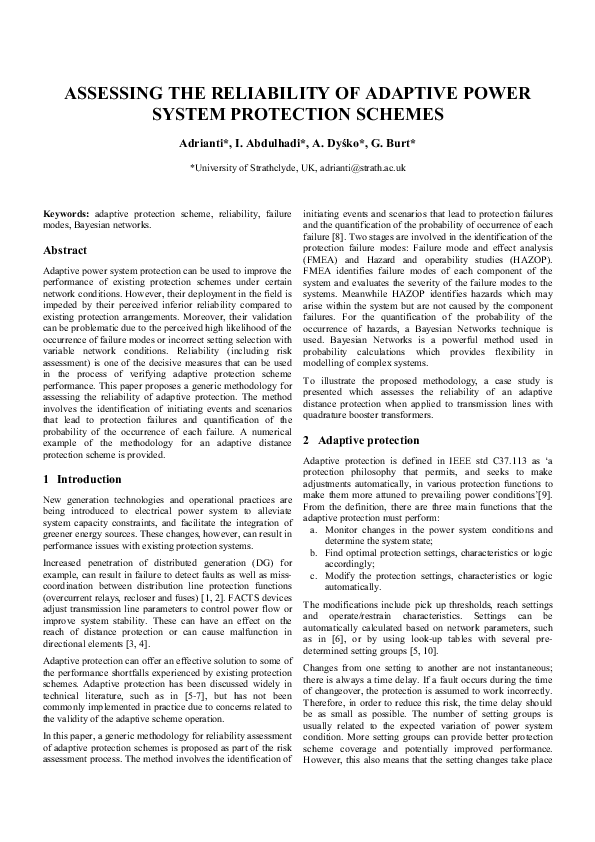 (PDF) Assessing the reliability of adaptive power system protection schemes