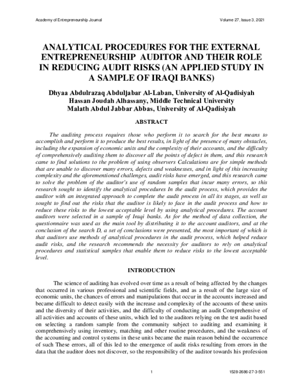 (PDF) Analytical Procedures for the External Entrepreneurship Auditor and their Role in Reducing ...
