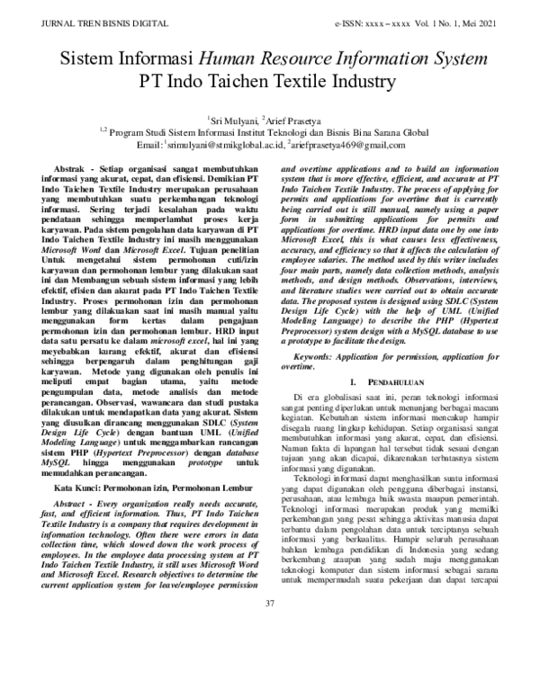 (PDF) Sistem Informasi Human Resource Information System PT Indo Taichen Textile Industry