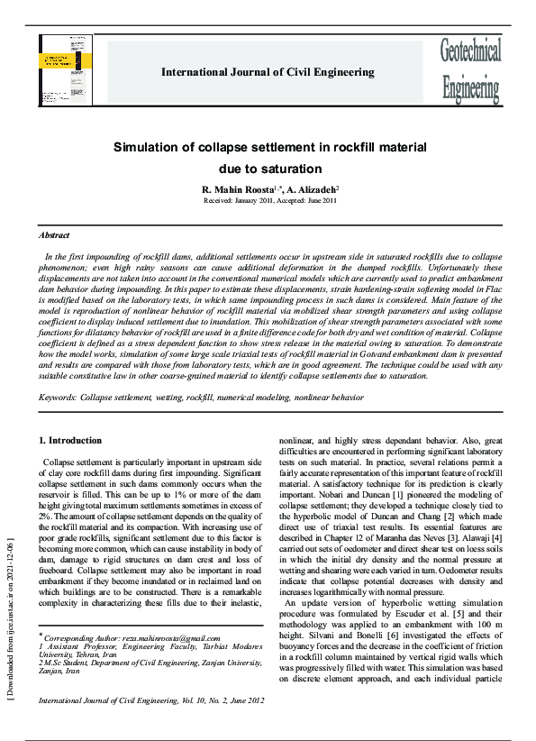 (PDF) Simulation of collapse settlement in rock fill material due to ...