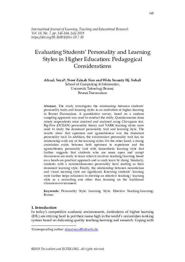 (PDF) Evaluating Students’ Personality and Learning Styles in Higher Education: Pedagogical ...