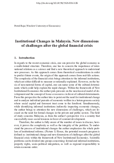 (PDF) Institutional changes in Malaysia. New dimensions of challenges after the global financial ...