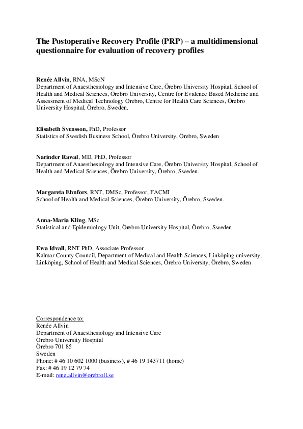 (PDF) The Postoperative Recovery Profile (PRP) - a multidimensional ...