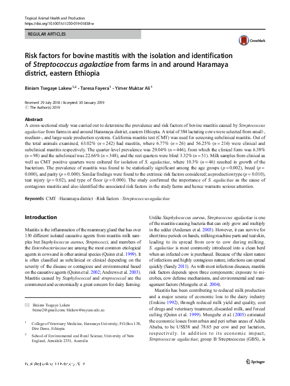 (PDF) Risk factors for bovine mastitis with the isolation and ...