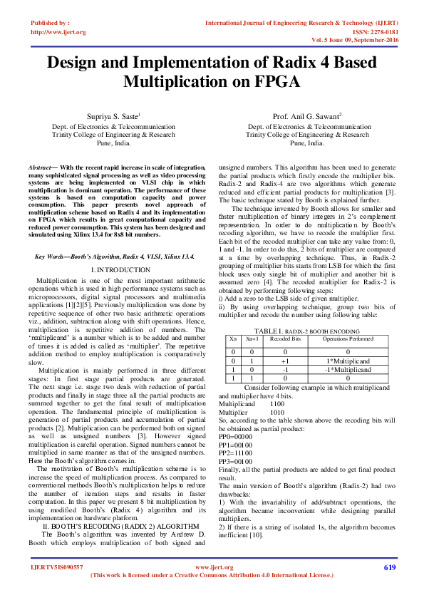 Pdf Design And Implementation Of Radix 4 Based Multiplication On Fpga