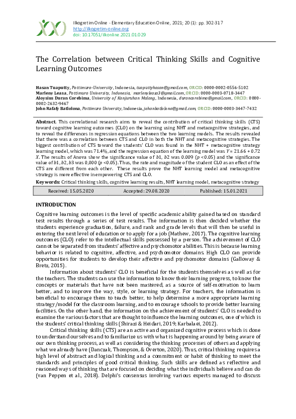 Pdf The Correlation Between Critical Thinking Skills And Cognitive Learning Outcomes