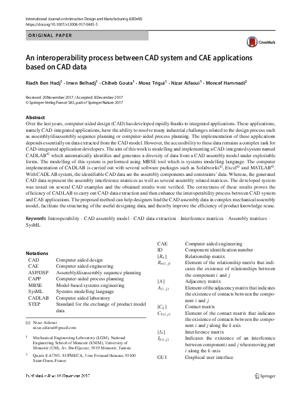 (PDF) An interoperability process between CAD system and CAE applications based on CAD data