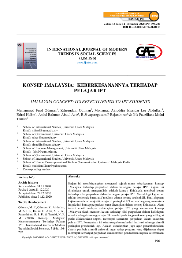 (PDF) 1MALAYSIA Concept: Its Effectiveness to Ipt Students | fairol halim - Academia.edu