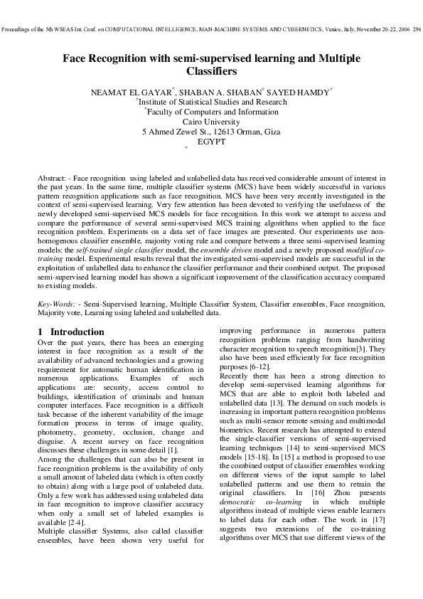 (PDF) Face Recognition with semi-supervised learning and Multiple Classifiers