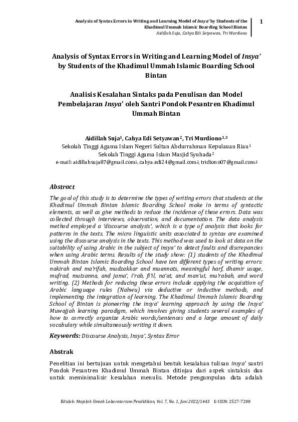 (PDF) Analysis of Syntax Errors in Writing and Learning Model of Insya’ by Students of the ...