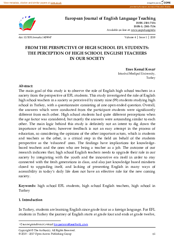 (PDF) From the Perspective of High School Efl Students: The Perception of High School English ...