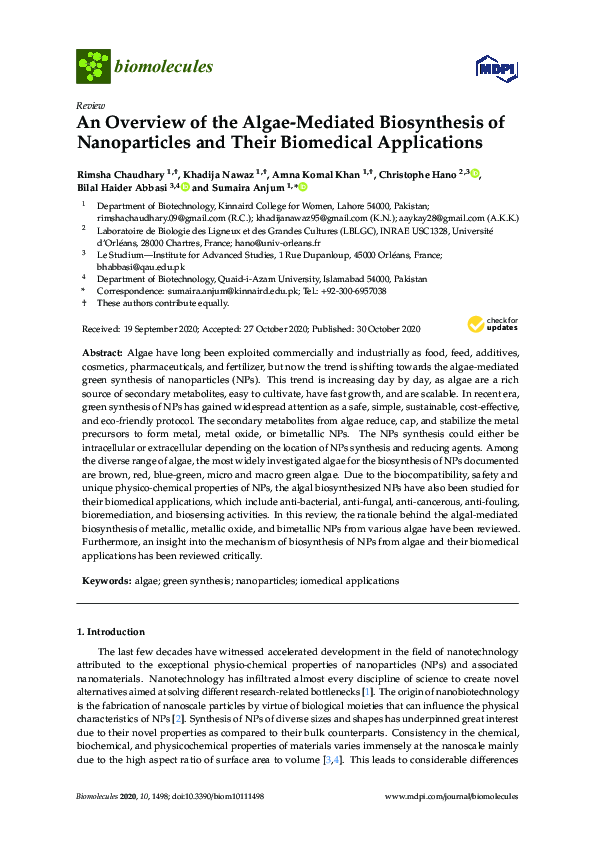 (PDF) An Overview of the Algae-Mediated Biosynthesis of Nanoparticles and Their Biomedical ...