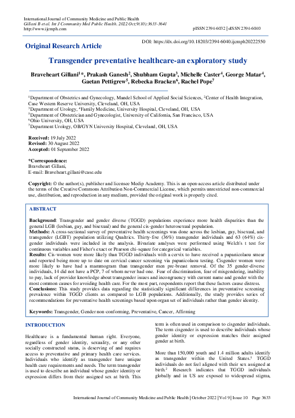 (PDF) Transgender preventative healthcare-an exploratory study