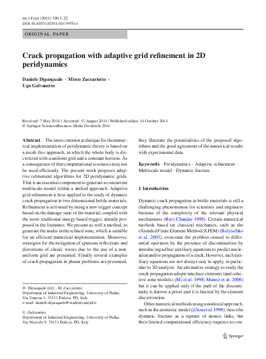(PDF) Crack propagation with adaptive grid refinement in 2D peridynamics