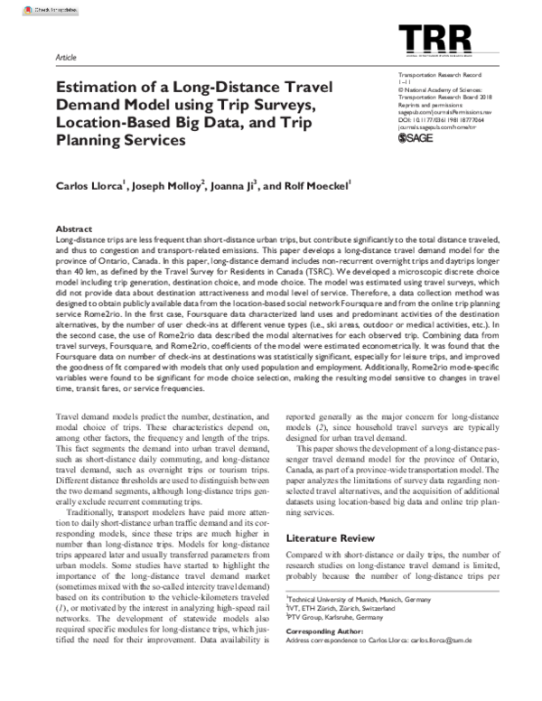 (PDF) Estimation of a Long-Distance Travel Demand Model using Trip ...