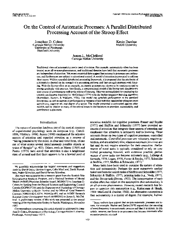 (PDF) Connectionist model of automaticity & the Stroop effect