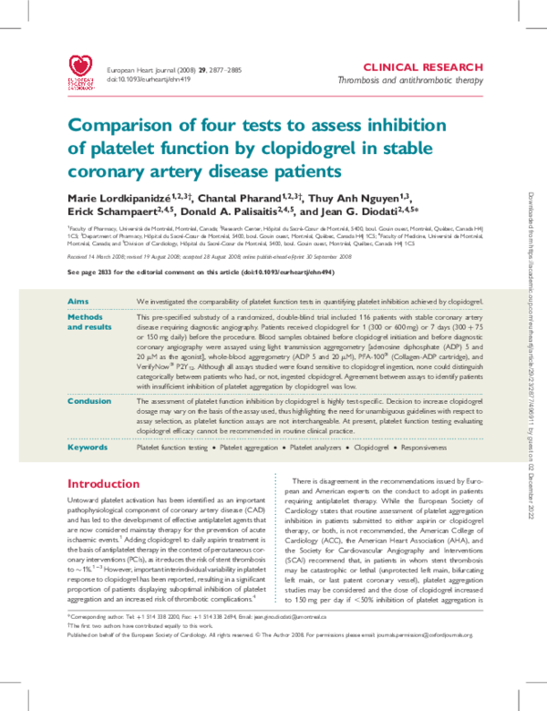 (PDF) Comparison of four tests to assess inhibition of platelet ...