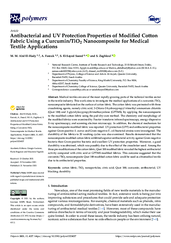(PDF) Antibacterial and UV Protection Properties of Modified Cotton Fabric Using a Curcumin/TiO2 ...