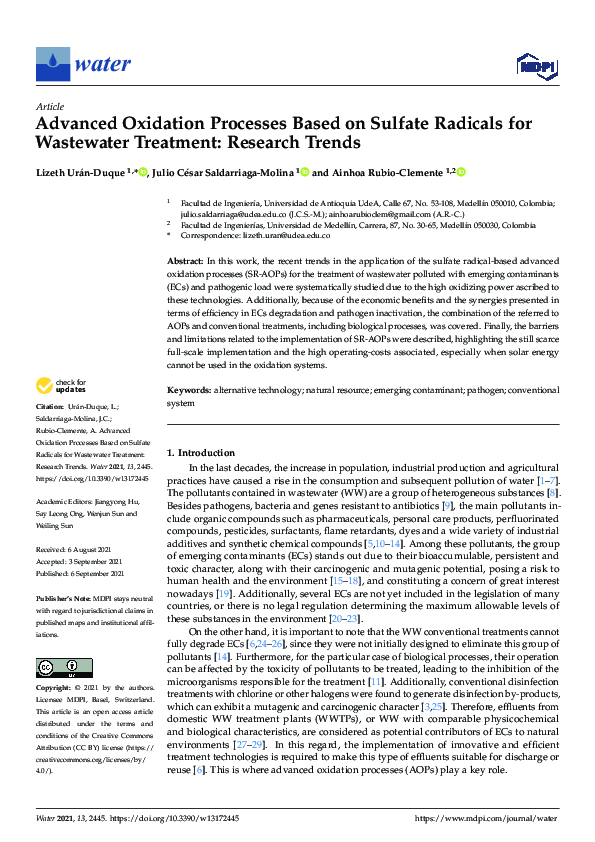 (PDF) Advanced Oxidation Processes Based on Sulfate Radicals for Wastewater Treatment: Research ...