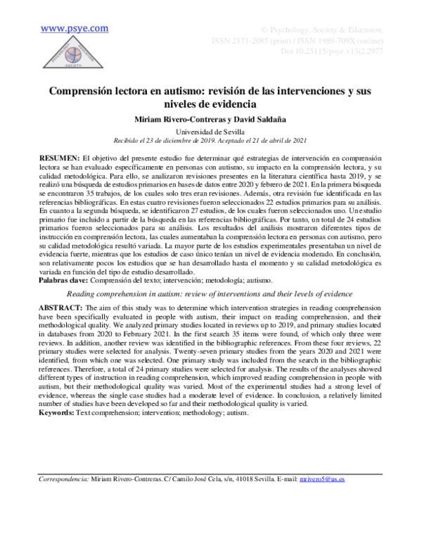 (PDF) Comprensión lectora en autismo: revisión de las intervenciones y ...