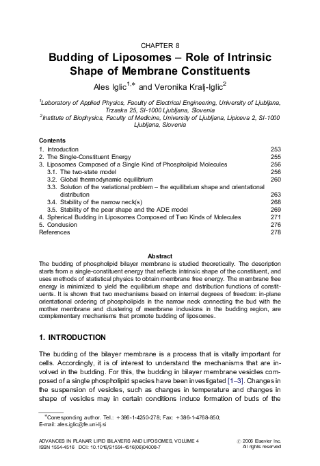 (PDF) Chapter 8: Budding of Liposomes – Role of Intrinsic Shape of Membrane Constituents