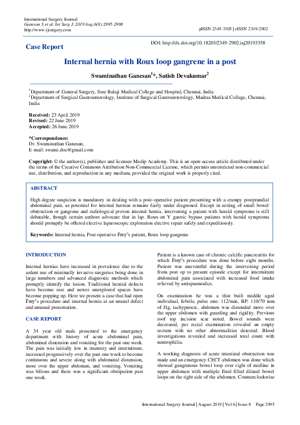(PDF) Internal hernia with Roux loop gangrene in a post
