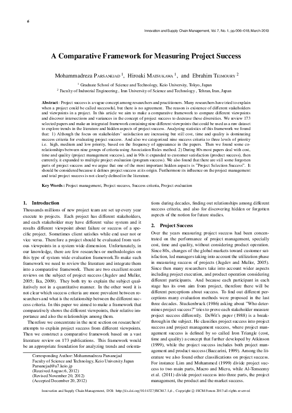 (PDF) A Comparative Framework for Measuring Project Success